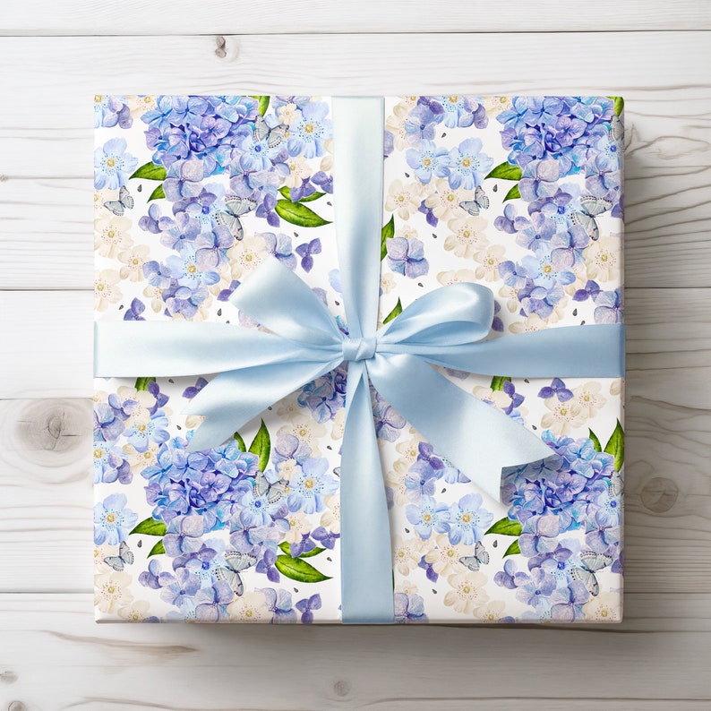 Hydrangea Wrapping Paper Blue Floral Coastal Girly Preppy Gift Wrap ...
