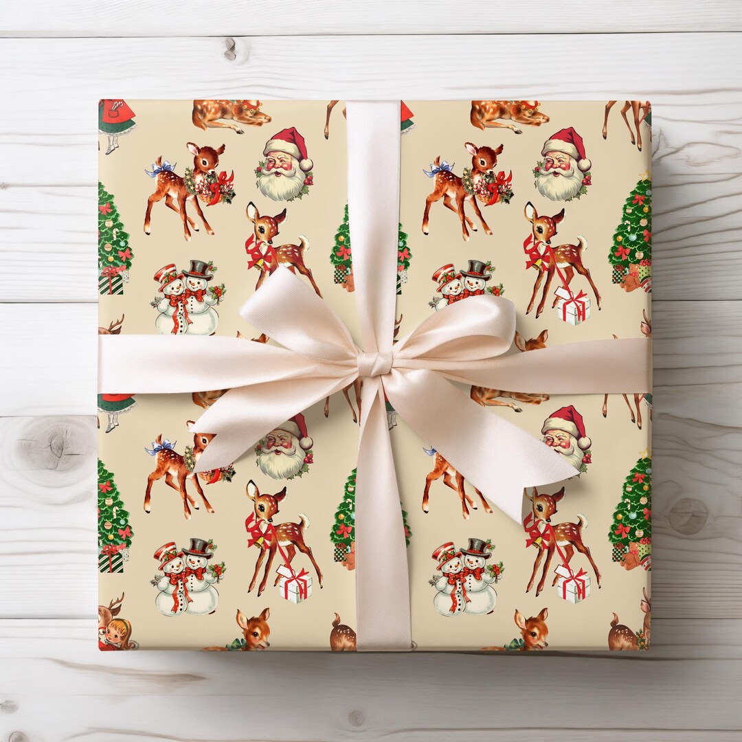 Retro Christmas Gift Wrap, Vintage Reindeer Wrapping Paper Roll ...