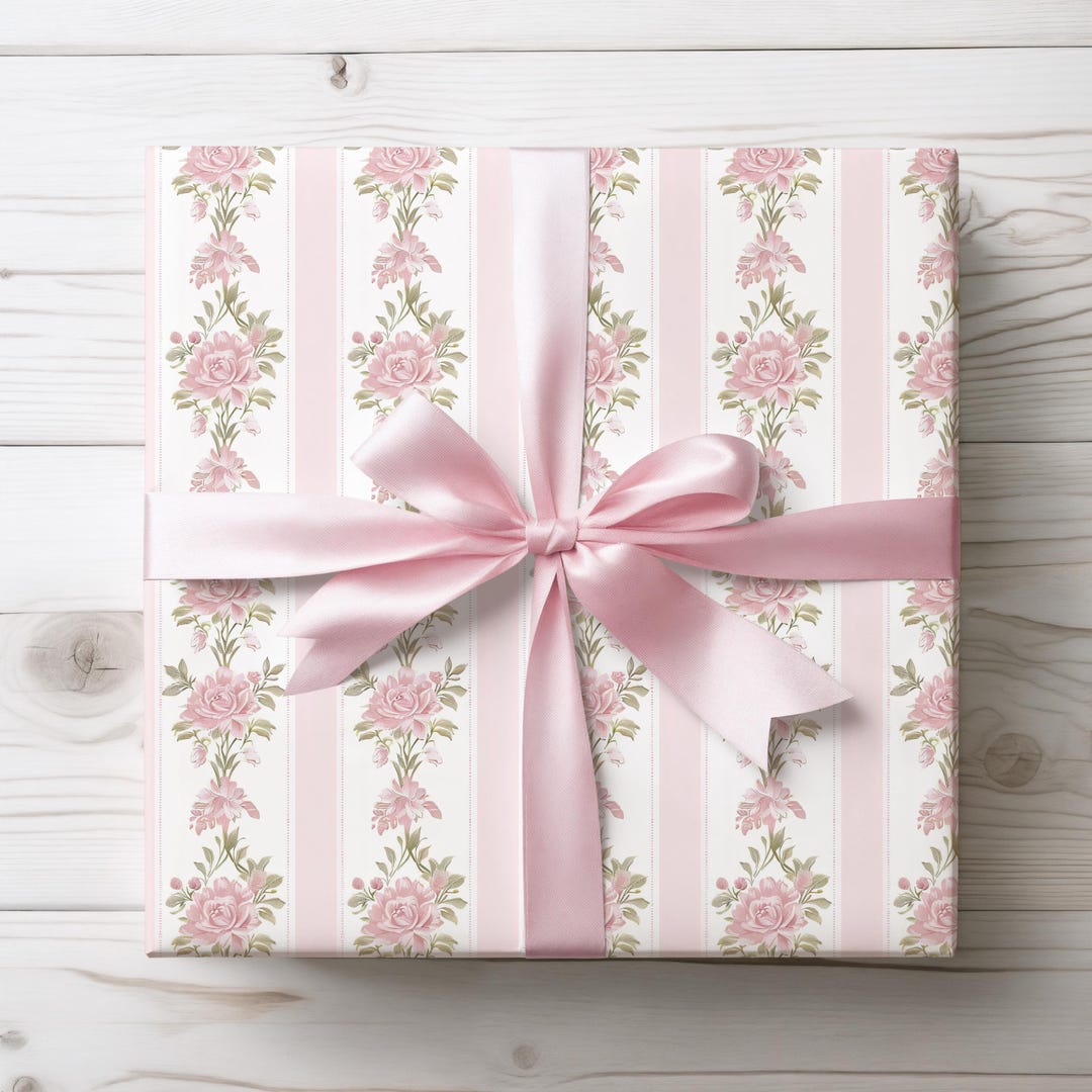Striped Floral Gift Wrap, Shabby Chic Wrapping Paper, Rose Gift Wrap ...