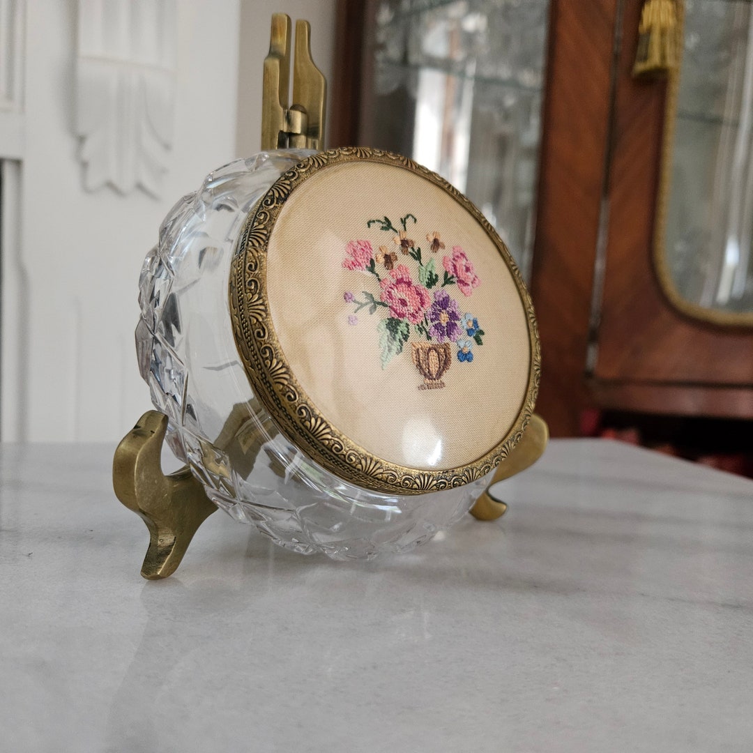 Vintage Crystal Petit Point Embroidery Jewelry Dish With Lid - Etsy