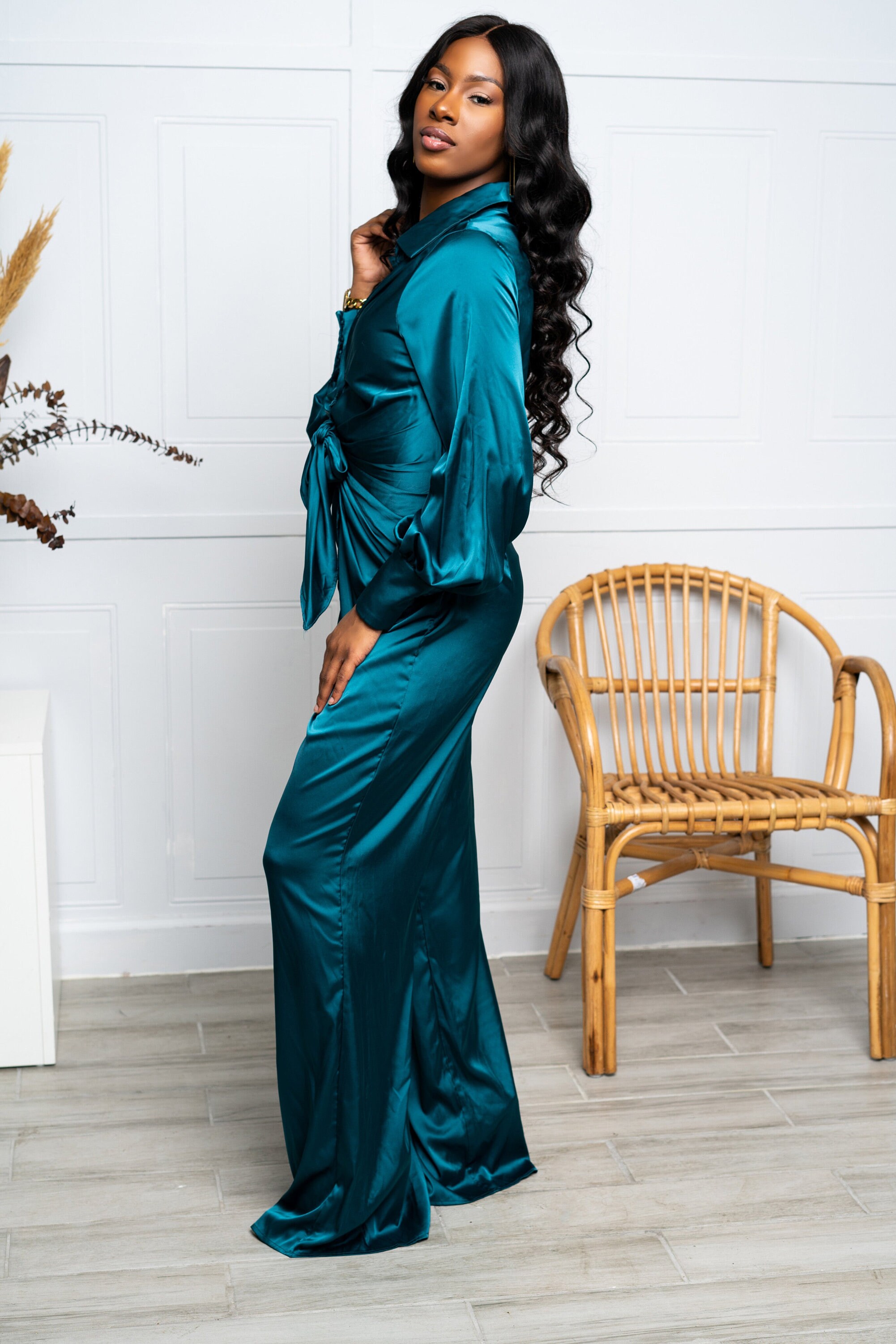 LA BELLA EMERALD Jumpsuit, Satin Jumpsuit, Teal Jumpsuit, Tie up ...