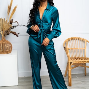 LA BELLA EMERALD Jumpsuit, Satin Jumpsuit, Teal Jumpsuit, Tie up ...