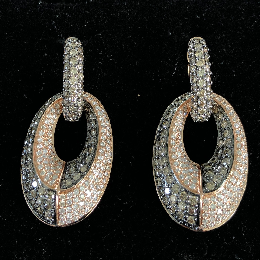 14k White Gold Dangle Drop Earrings With White and Chocolate Diamonds ...