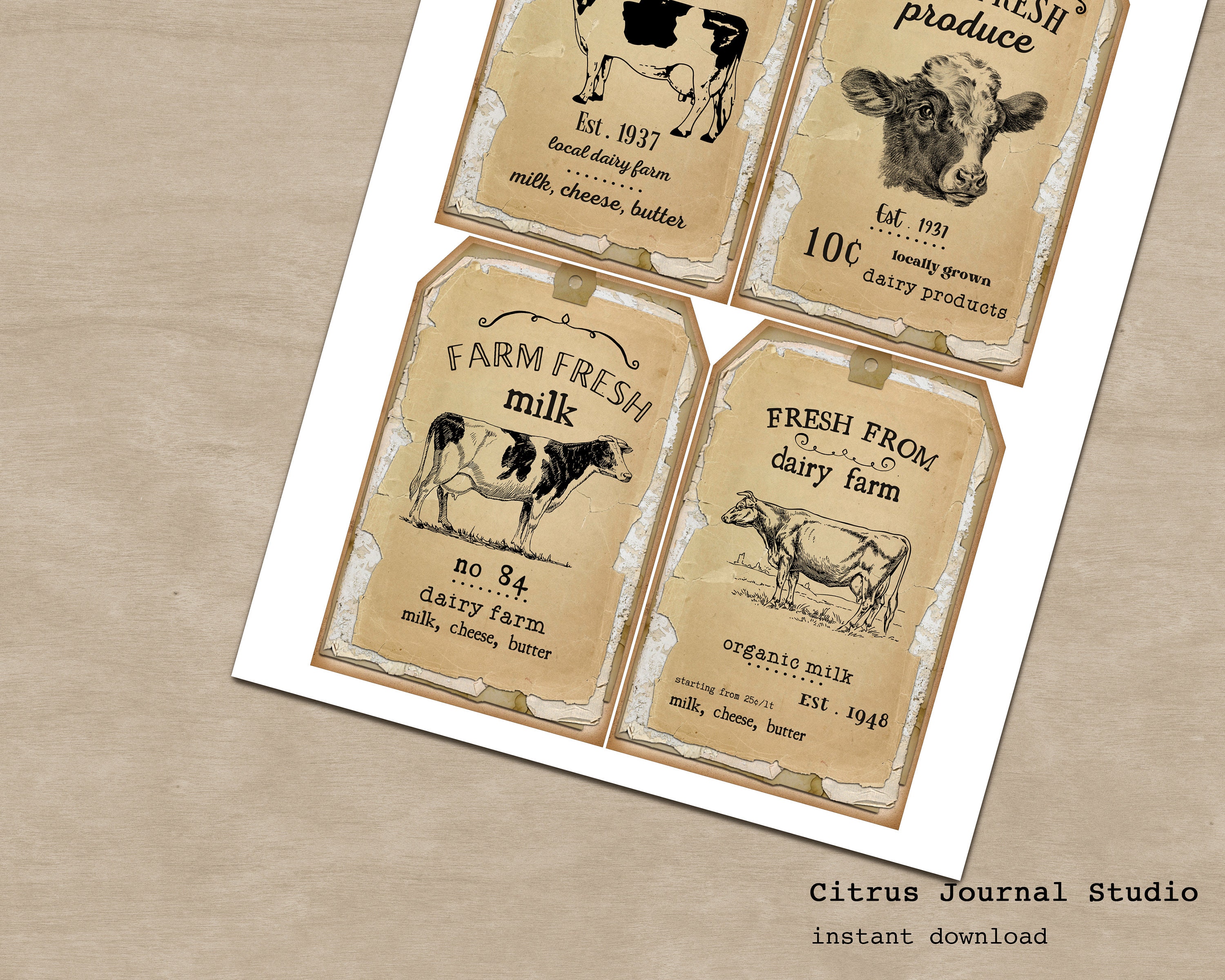 Farm Fresh Milk, Farmhouse Tags, Journal Tags, Farm Fresh Tags, Vintage ...