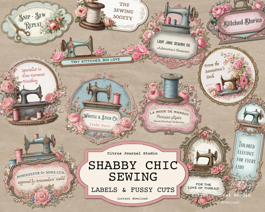 Sewing Label, Shabby Chic Roses Ephemera, Shabby Chic Labels, Sewing ...