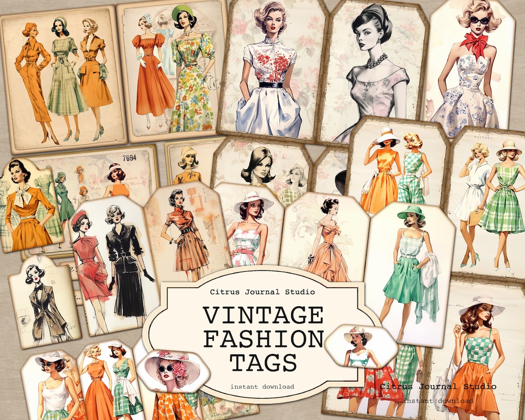 Vintage Fashion Tags, Sewing Tags, Fashion Illustration, 70s Fashion ...