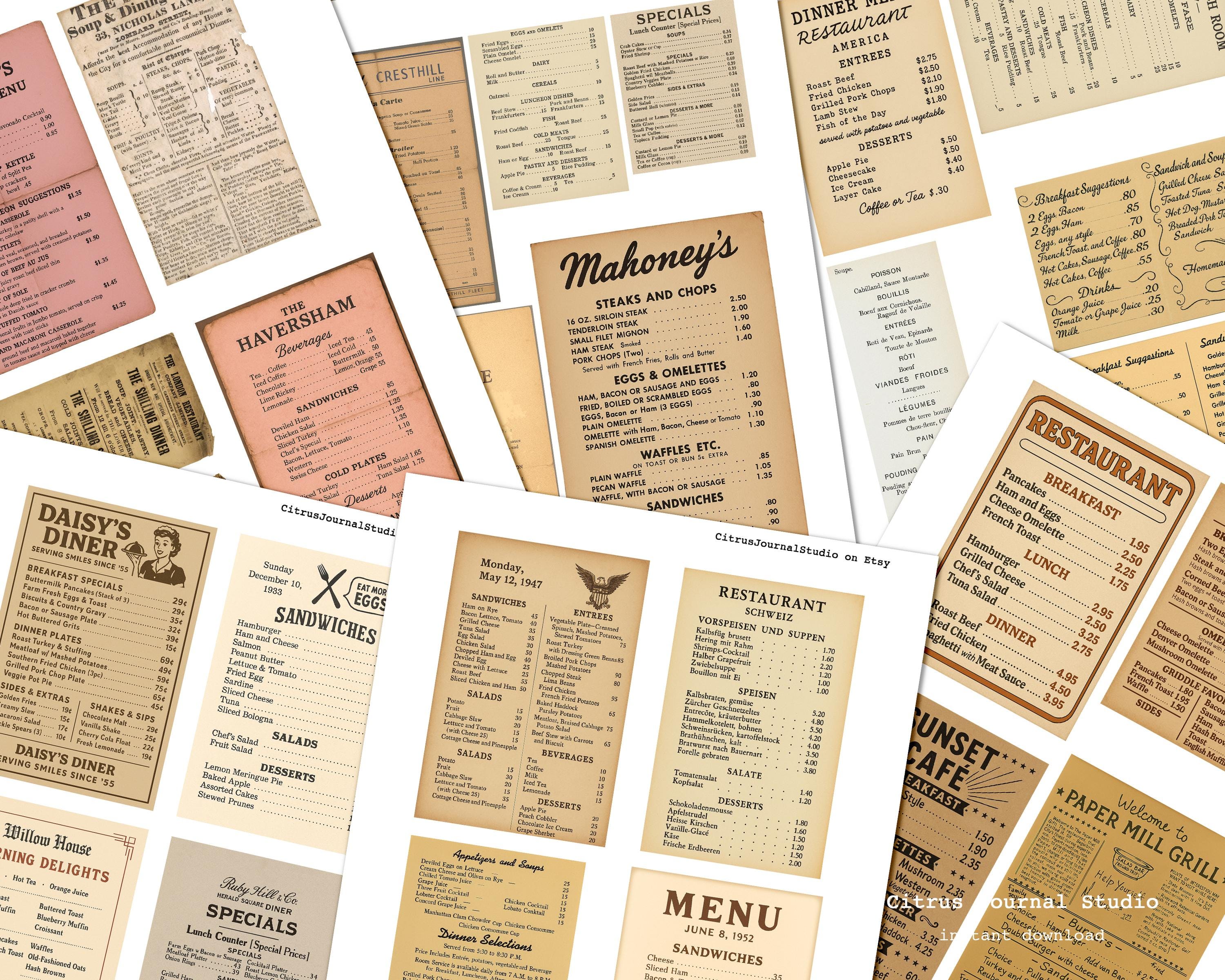 Vintage Menu Cards Ephemera, Printable Restaurant Menu Ephemera ...