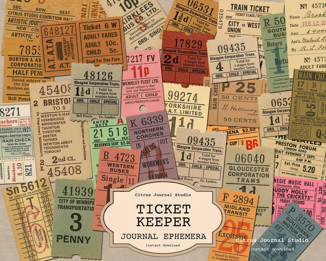 Vintage Ticket Stub Ephemera, Printable Junk Journal Tickets, Digital ...