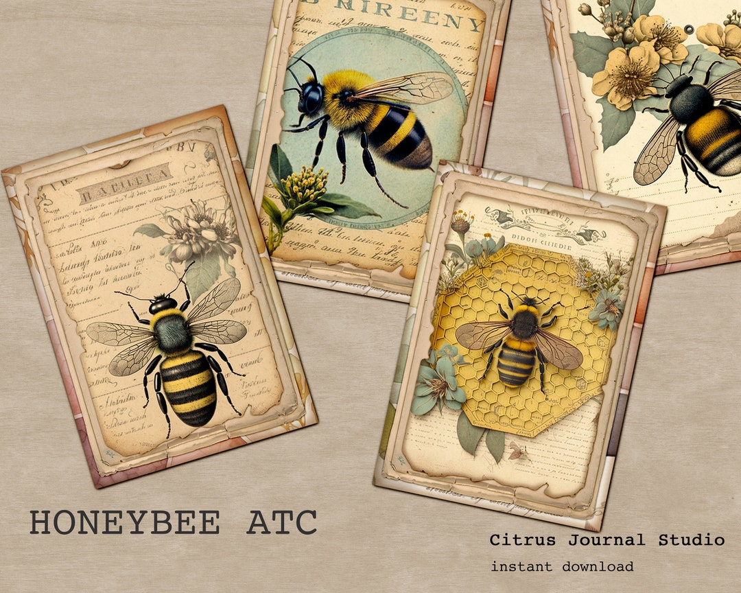 Honey Bee ATC, Vintage Ephemera, Junk Journal Tags, Busy Bee, Bumble ...