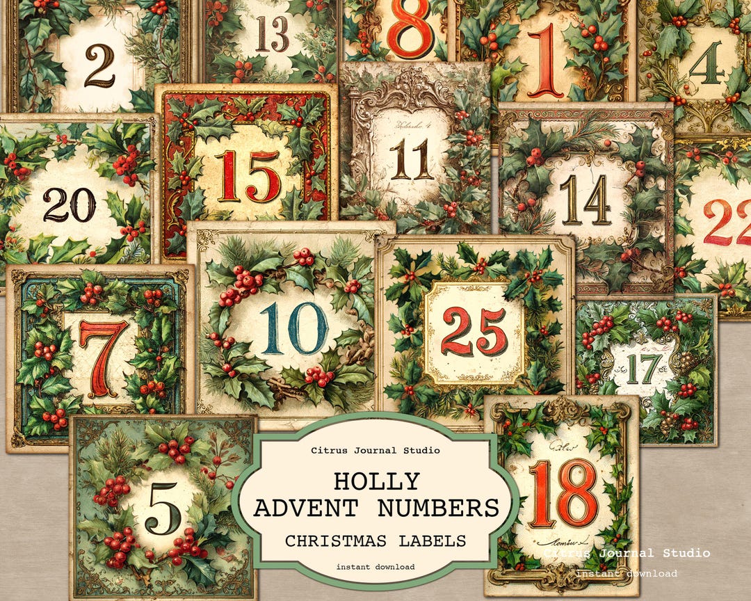 Christmas Advent Numbers Labels - Vintage Holly Holiday Printable, Junk ...