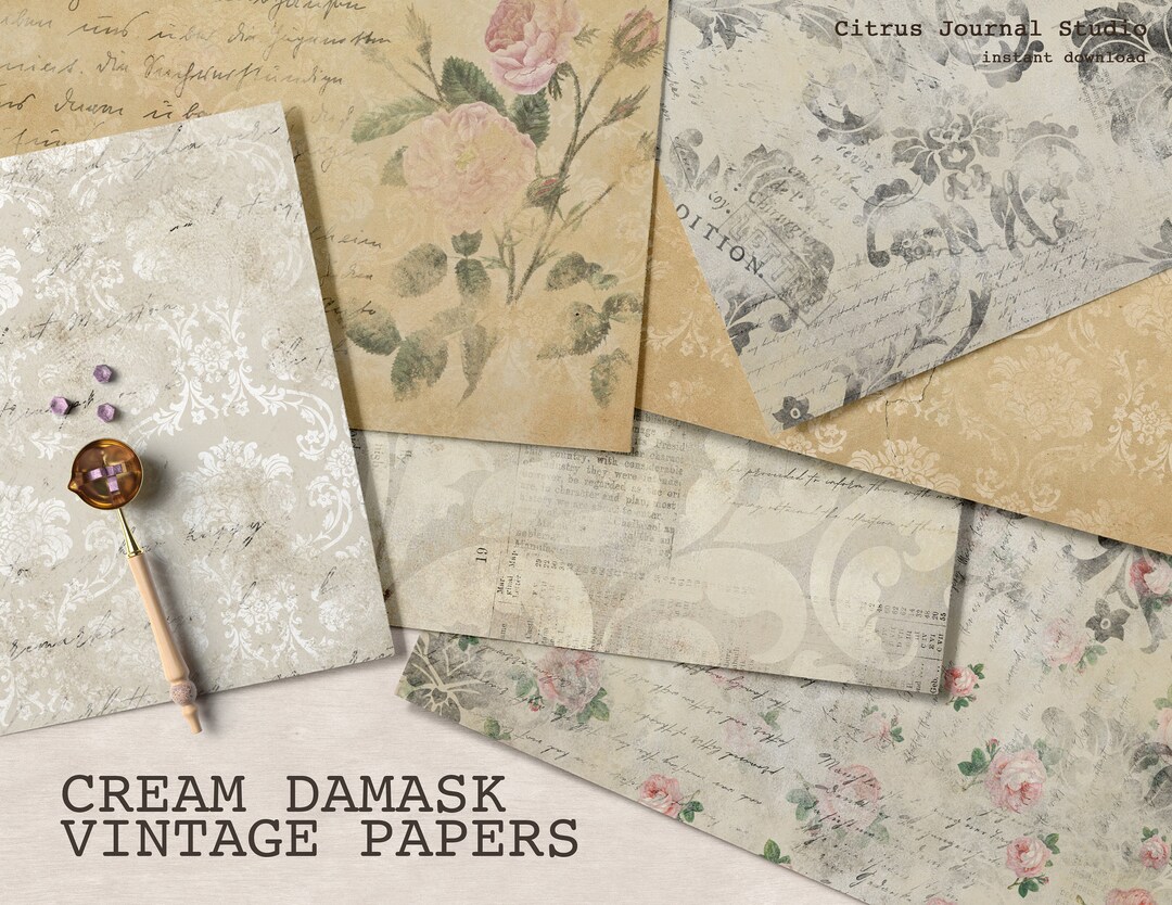 Damask Paper, Junk Journal, Scrapbook Kit, Grunge, Script, Collage ...