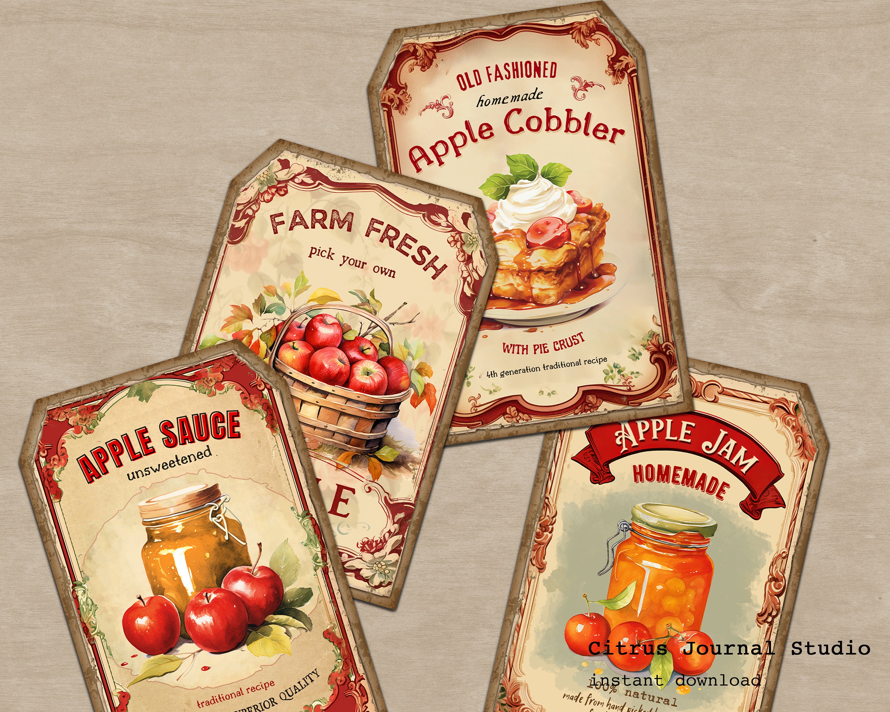 Apple Tags, Junk Journal Tags, Vintage Tags, Apple Pie, Apple Orchard ...