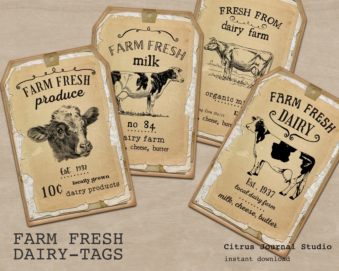Farm Fresh Milk, Farmhouse Tags, Journal Tags, Farm Fresh Tags, Vintage ...