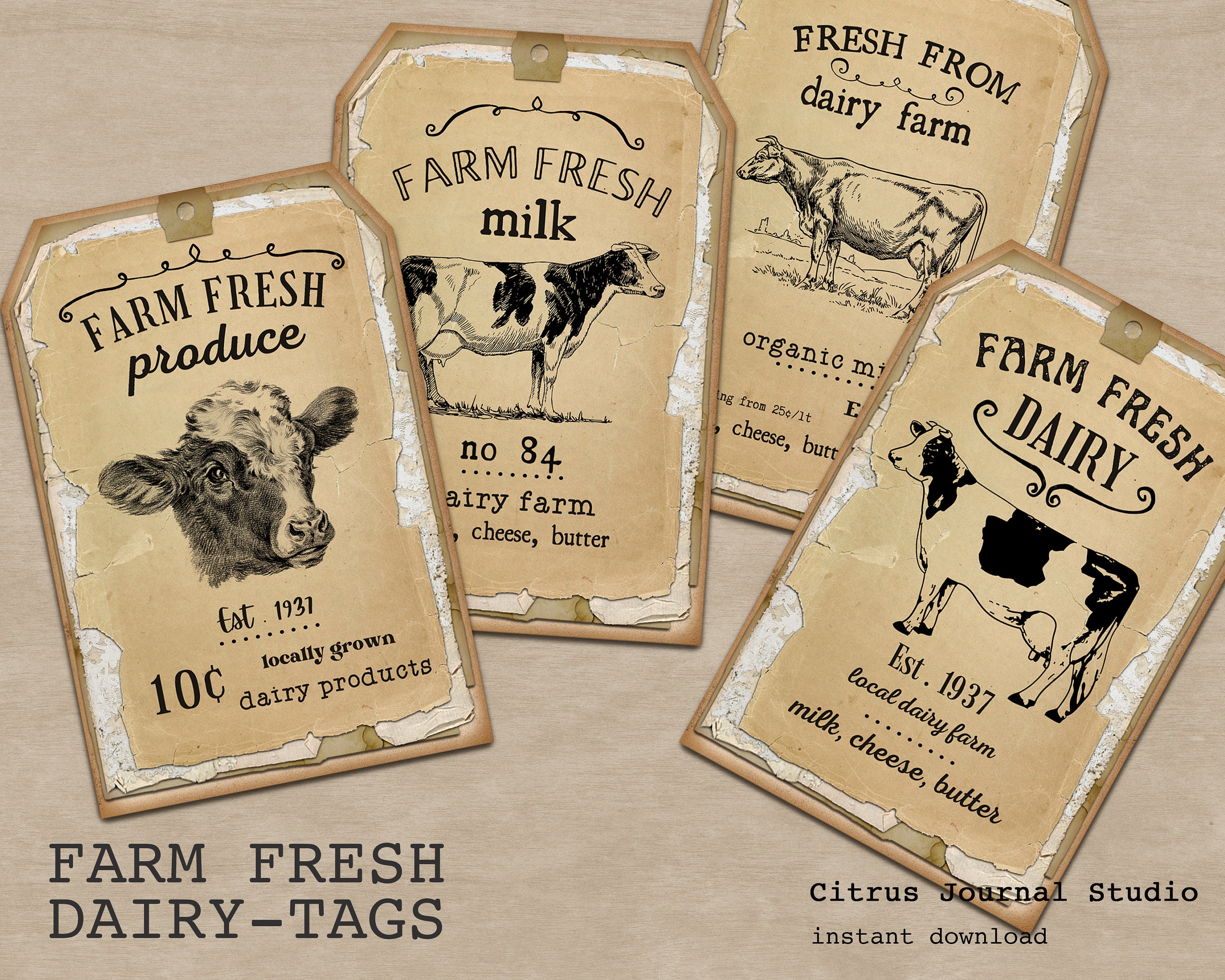 Farm Fresh Milk, Farmhouse Tags, Journal Tags, Farm Fresh Tags, Vintage ...