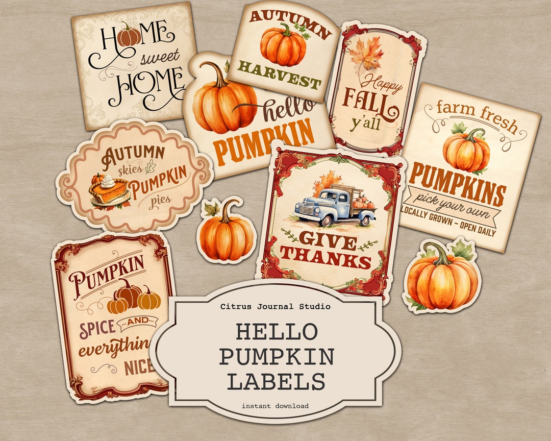 Hello Pumpkin Labels, Vintage Fussy Cut, Pumpkin Spice, Vintage Pumpkin ...