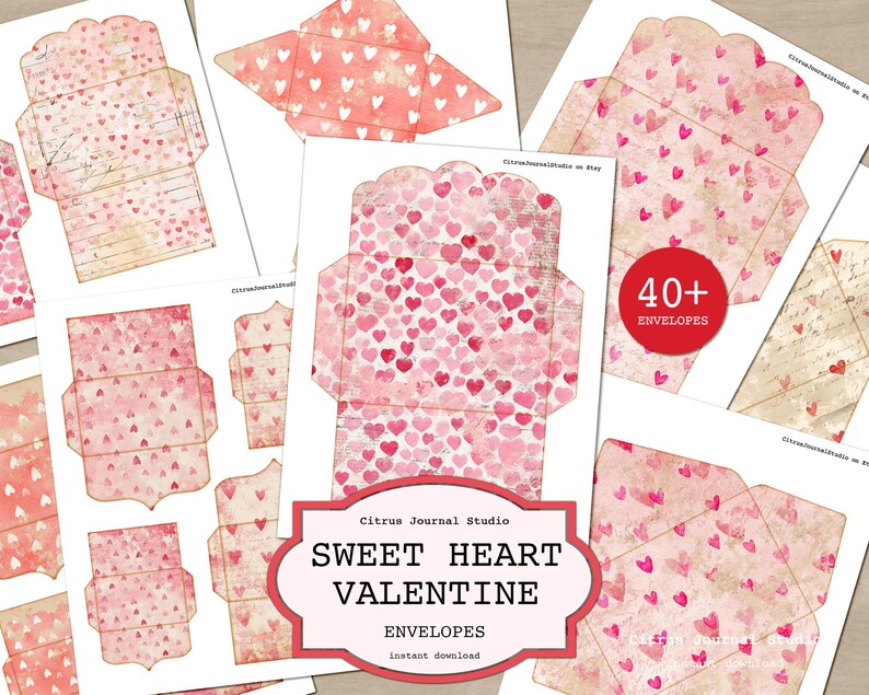 Sweet Heart Envelopes, Pink Valentines Day Junk Journal, Romantic ...
