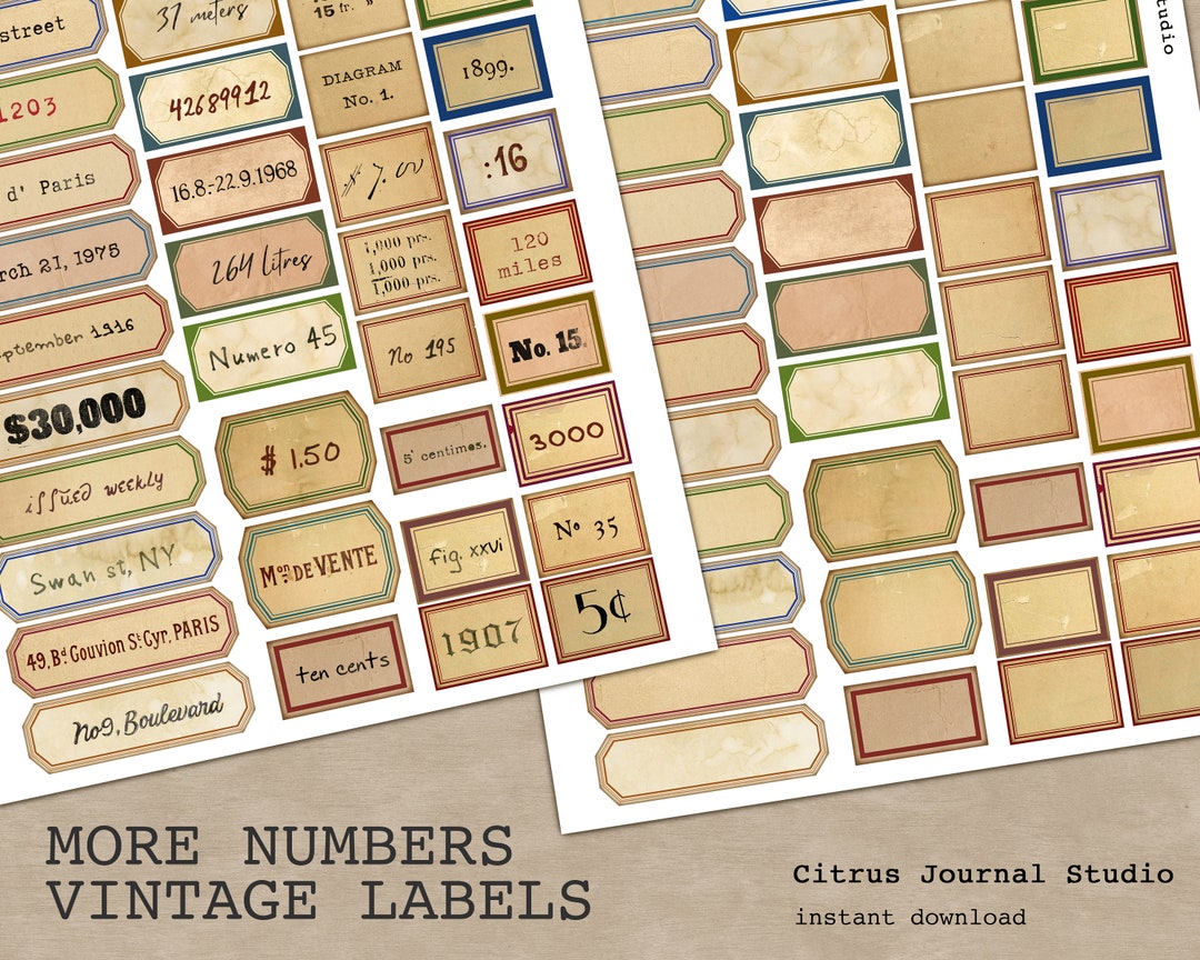 Number Labels, Vintage Labels, Junk Journal Kit, Vintage Tags, Blank ...