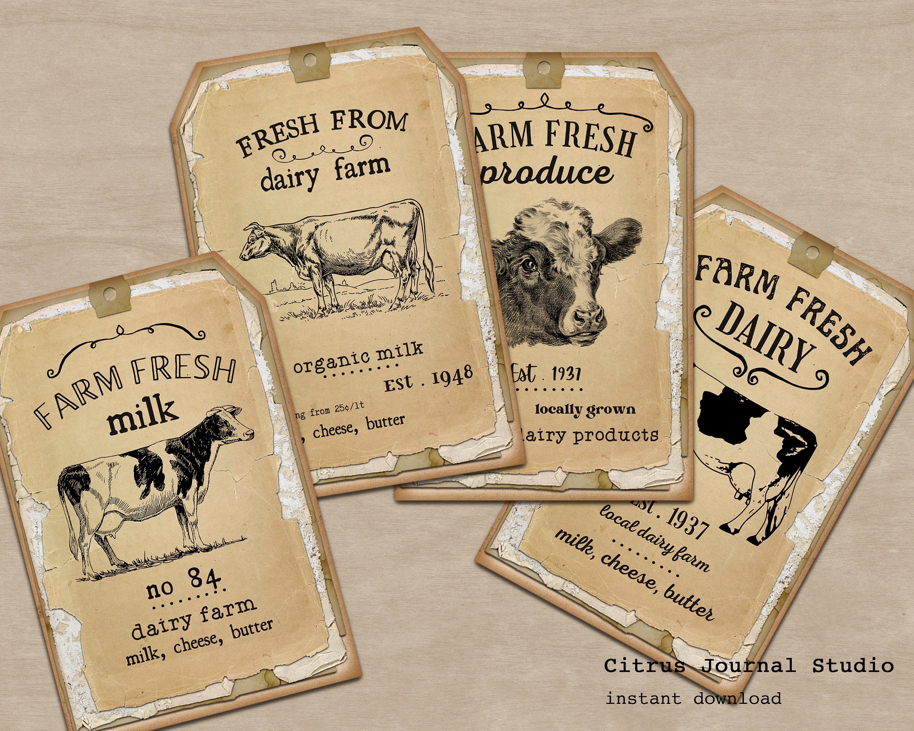Farm Fresh Milk, Farmhouse Tags, Journal Tags, Farm Fresh Tags, Vintage ...