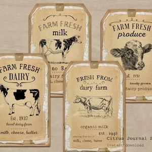 Farm Fresh Milk, Farmhouse Tags, Journal Tags, Farm Fresh Tags, Vintage ...