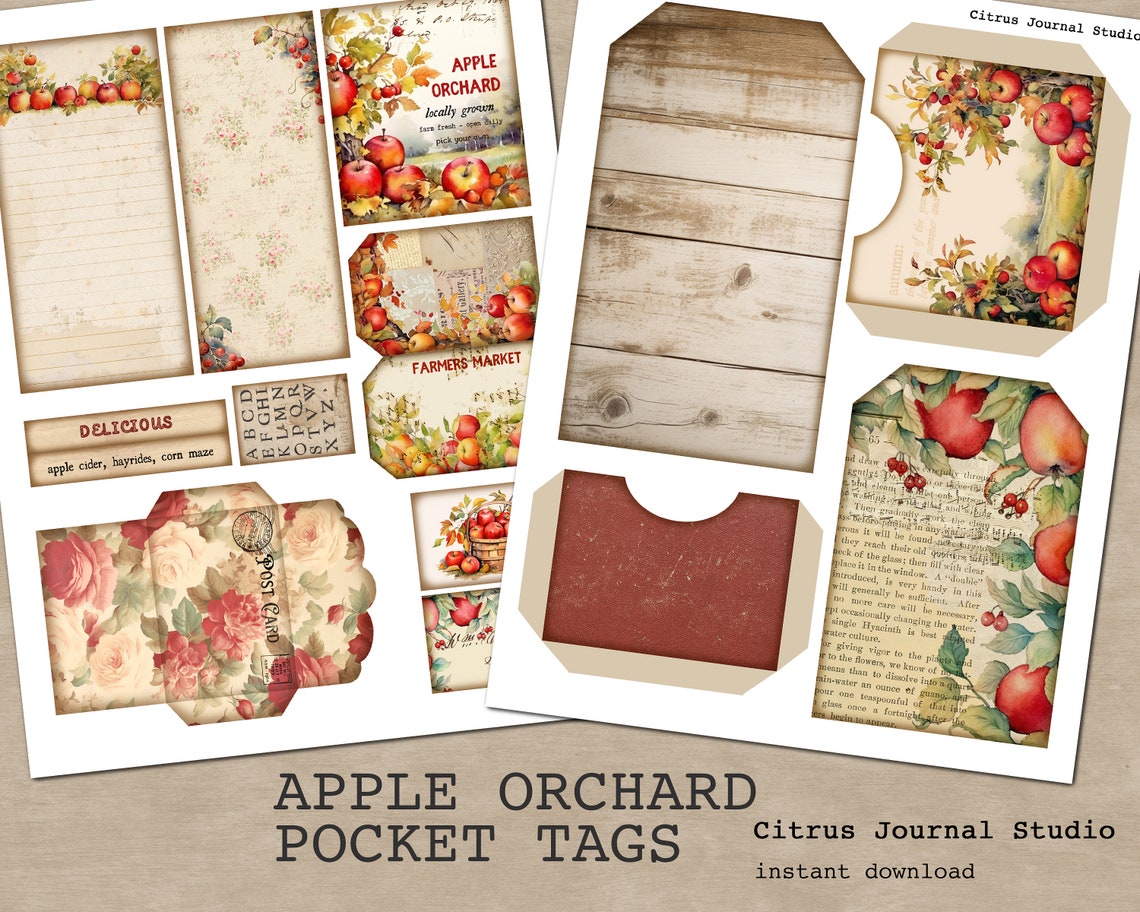 Apples Pocket Tags, Red Apple, Loaded Tags Junk Journal Kit, Ephemera ...