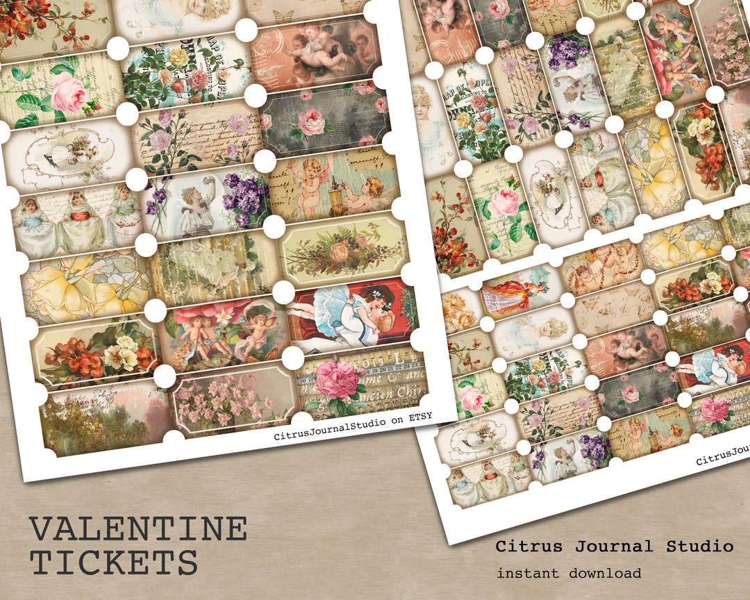 Valentine Tickets, Junk Journal Kit, Shabby Chic, Ephemera ...