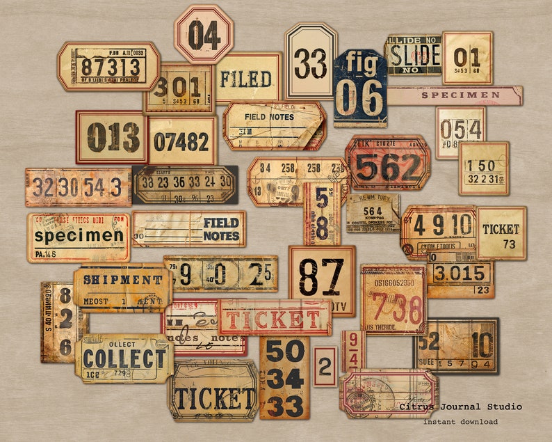 Number Labels, Vintage Labels, Junk Journal Kit, Vintage Tags, Specimen ...