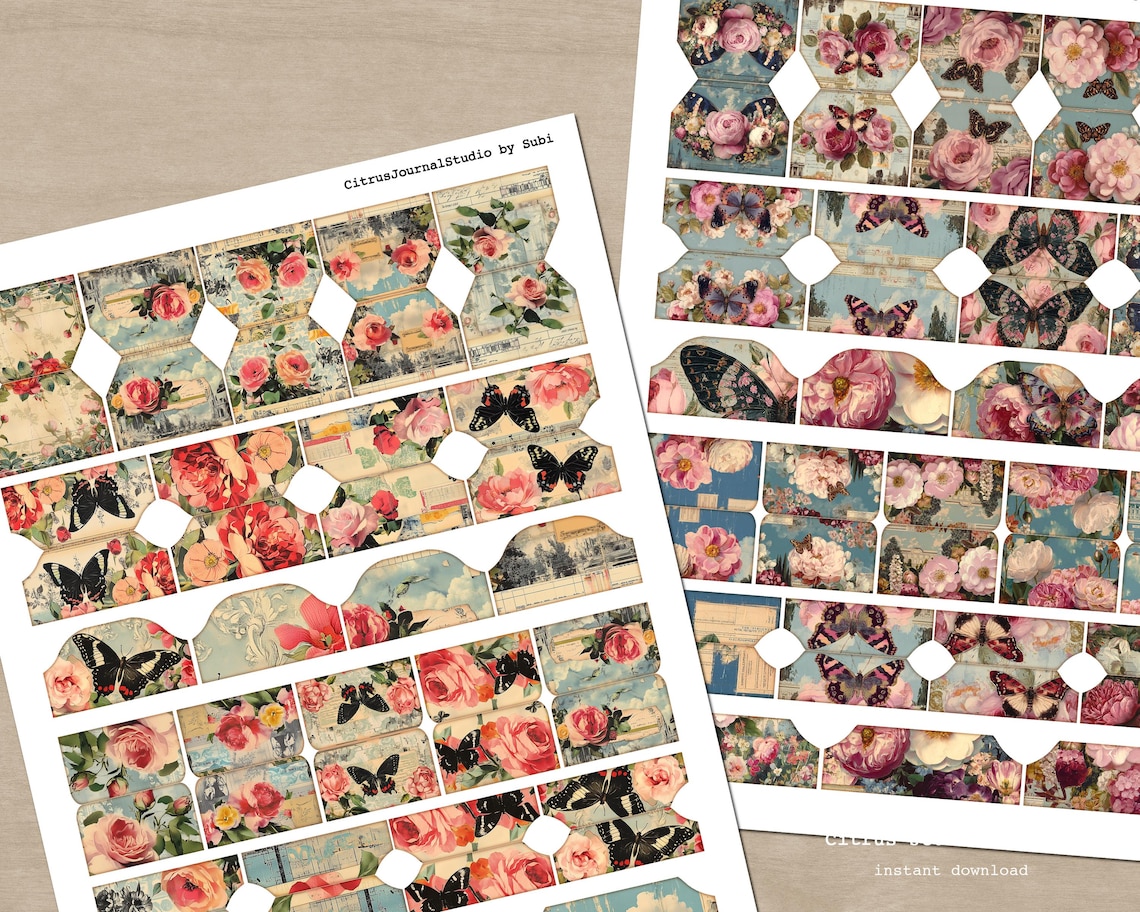 Floral Junk Journal Tabs, Butterfly Printable Tabs, Vintage ...