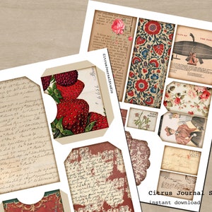 Pocket Tags, Junk Journal Kit, Printable Ephemera, Red Floral Tags ...