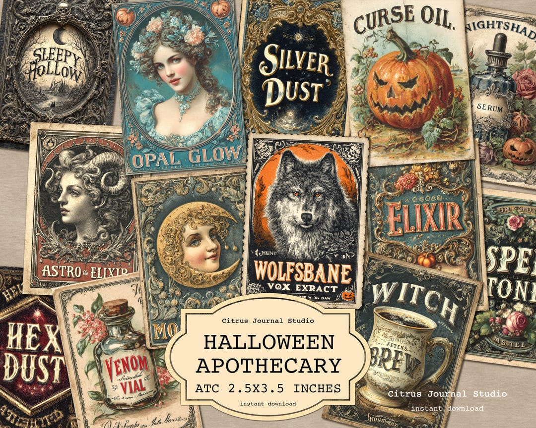 Halloween ATC Cards – Vintage Apothecary Witch Labels, Gothic Bottle ...