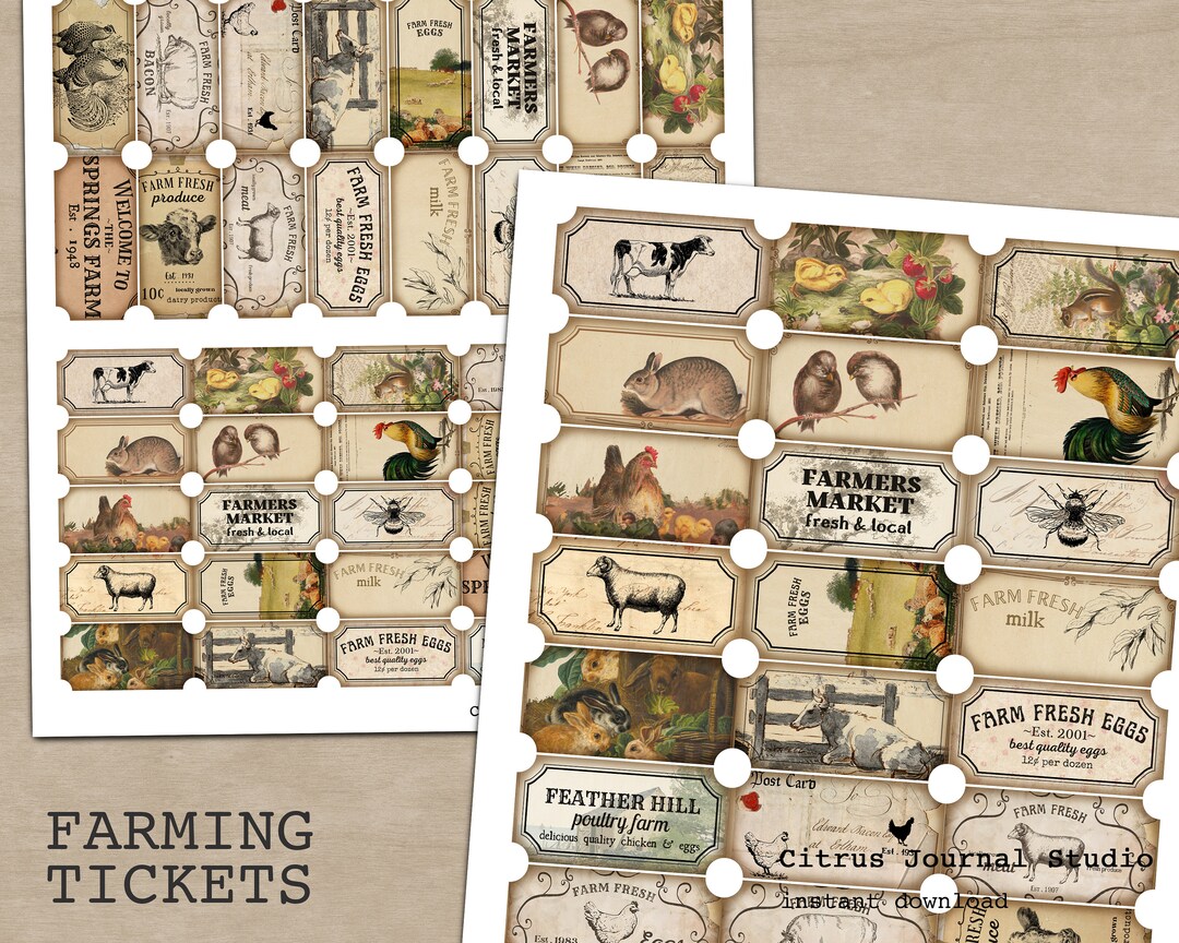 Farming Tickets, Junk Journal Kit, Farm Animals Ephemera, Farm Life ...