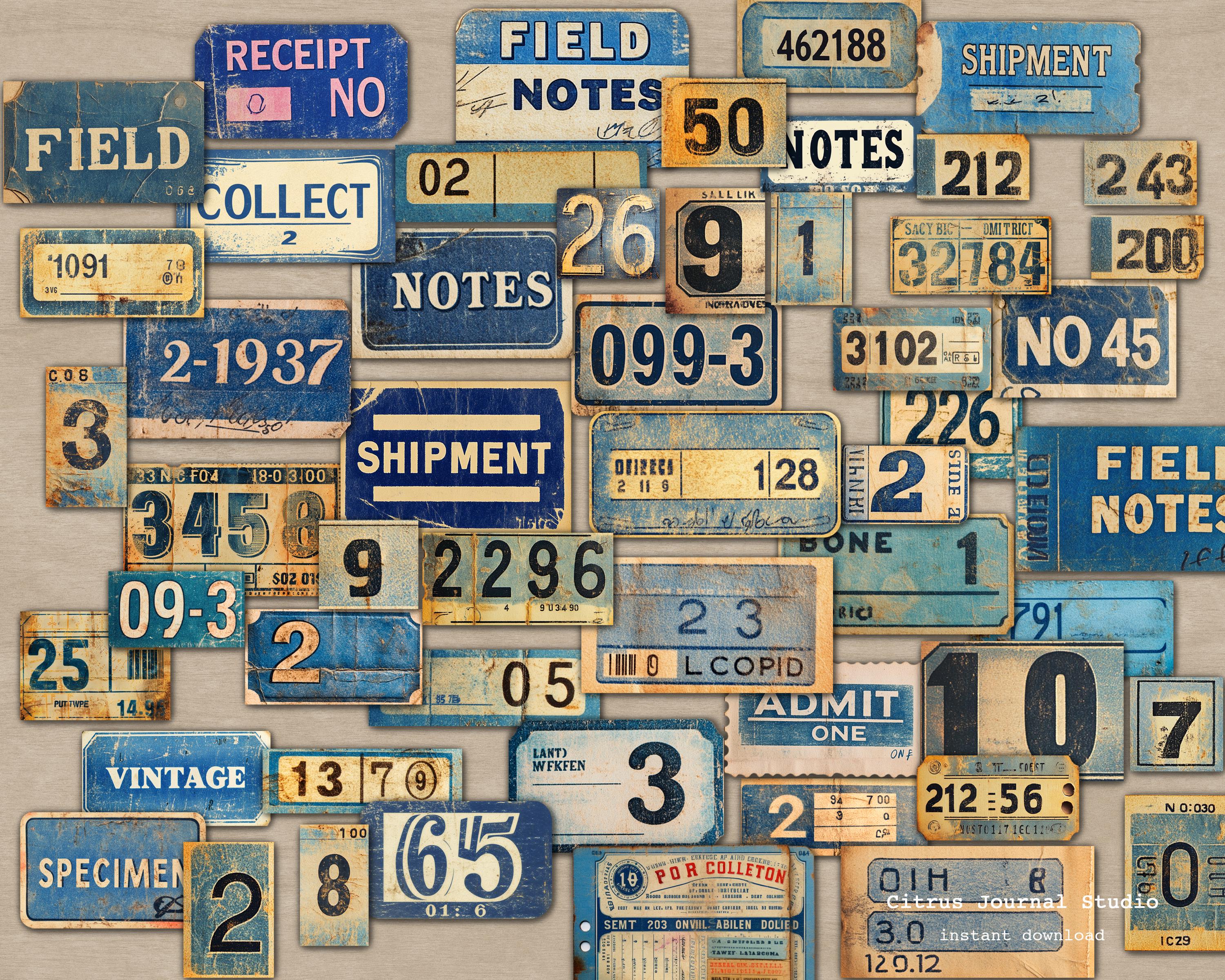 Blue Number Labels, Vintage Labels, Junk Journal, Fussy Cuts, Blue ...