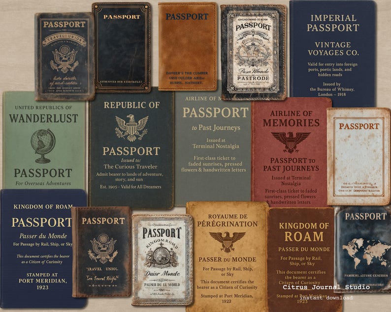 Vintage Travel Ephemera Pack, Passport Stamps, Ledger Pages, Boarding ...