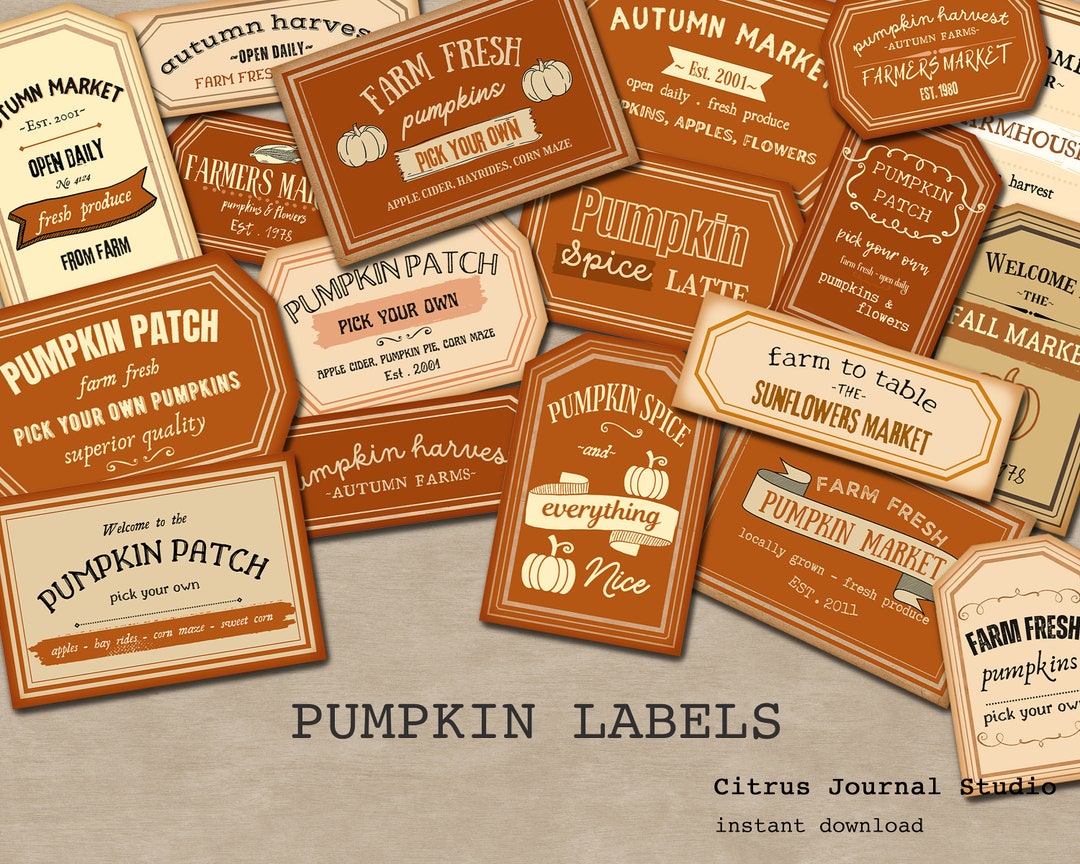 Pumpkin Labels, Pumpkin Patch, Fall Market, Fall Sign, Autumn Ephemera ...