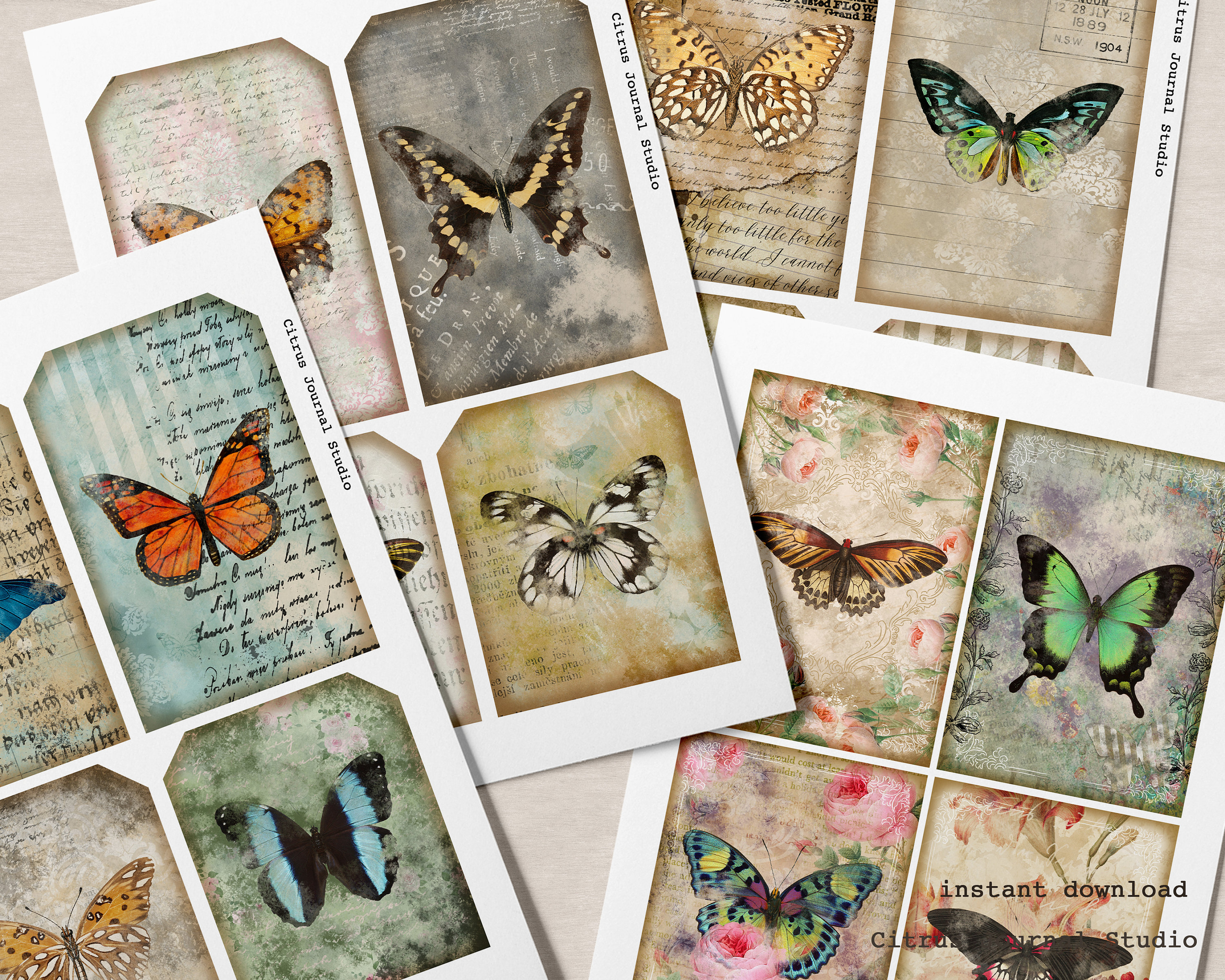 Butterfly Tags Junk Journal Kit Ephemera ATC Shabby Chic | Etsy