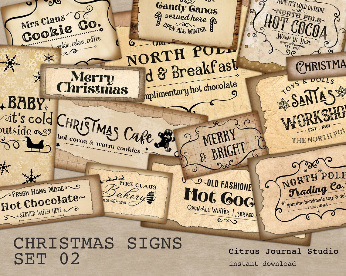 Christmas Signs Digital Kit Christmas Ephemera Vintage - Etsy