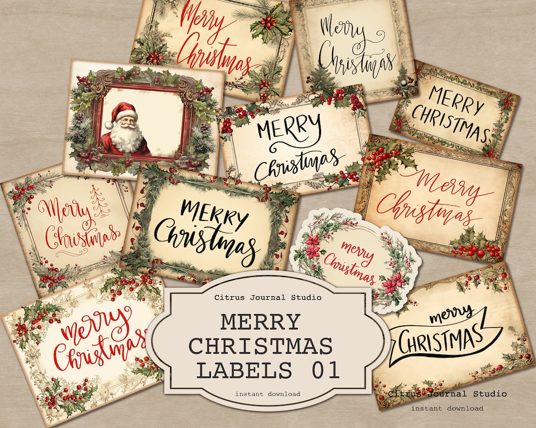 Merry Christmas Labels, Vintage Christmas, Holiday Labels, Farmhouse ...