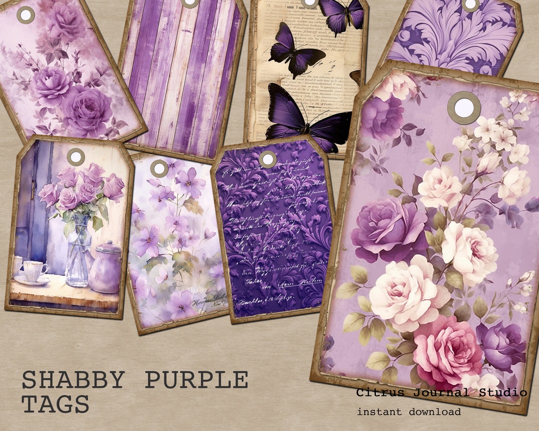 Shabby Purple Tags, Purple Ephemera, Junk Journal Tags, Vintage ...