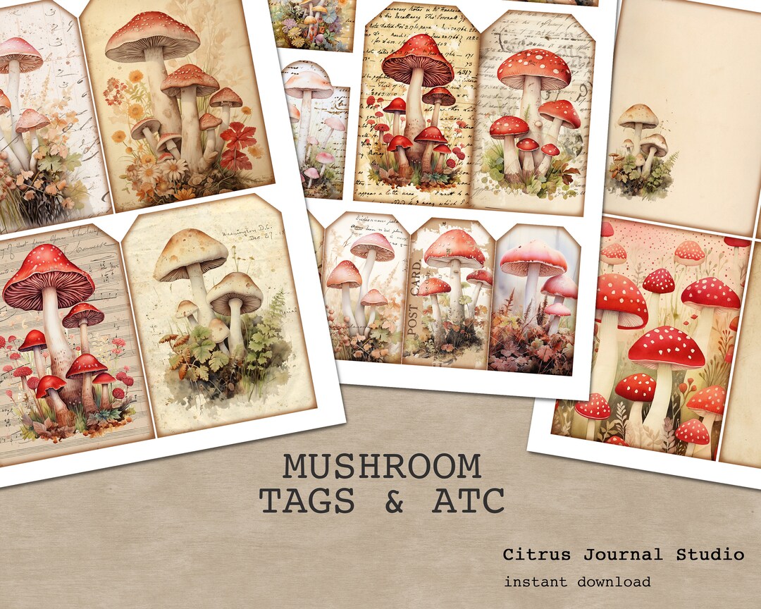 Mushroom Tags, Junk Journal Kit, Autumn Ephemera, ATC, Mushroom Journal ...