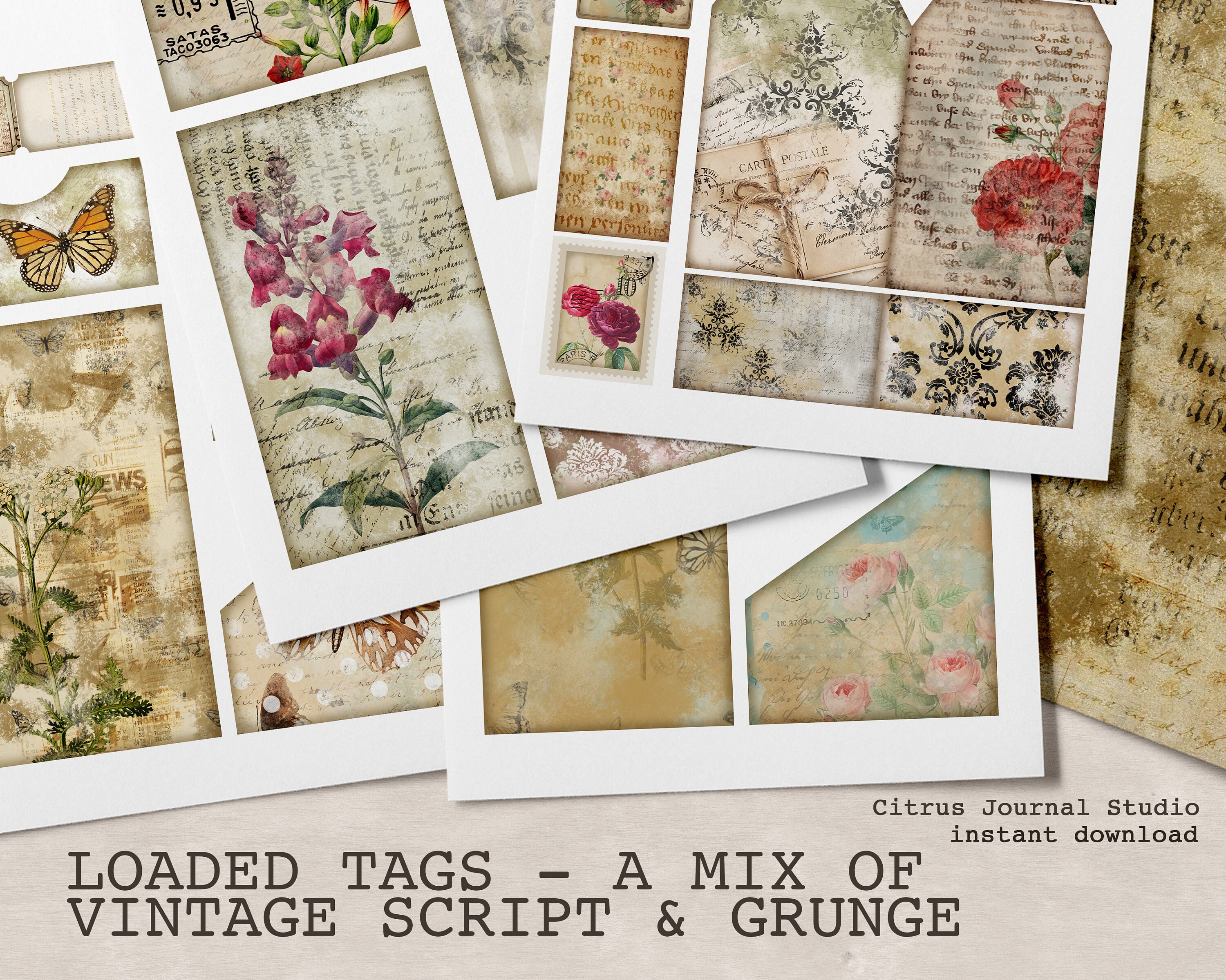 Loaded Tags, Junk Journal Kit, Journal Insert, Collage Sheet, Pocket ...