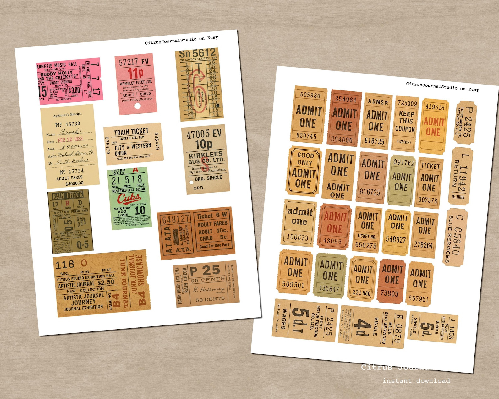 Vintage Ticket Stub Ephemera, Printable Junk Journal Tickets, Digital ...