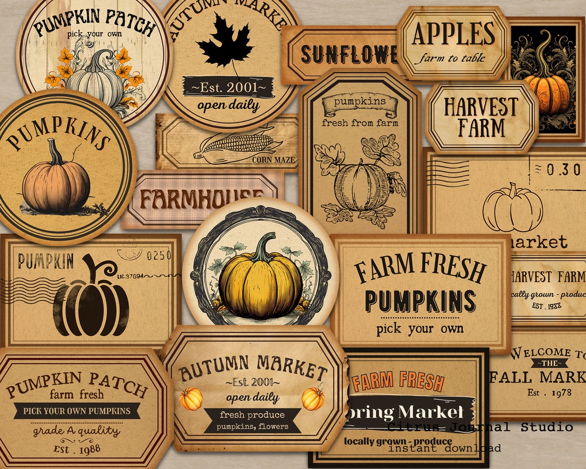 Pumpkin Labels, Autumn Ephemera Tags, Vintage Fall Market Labels, Junk ...