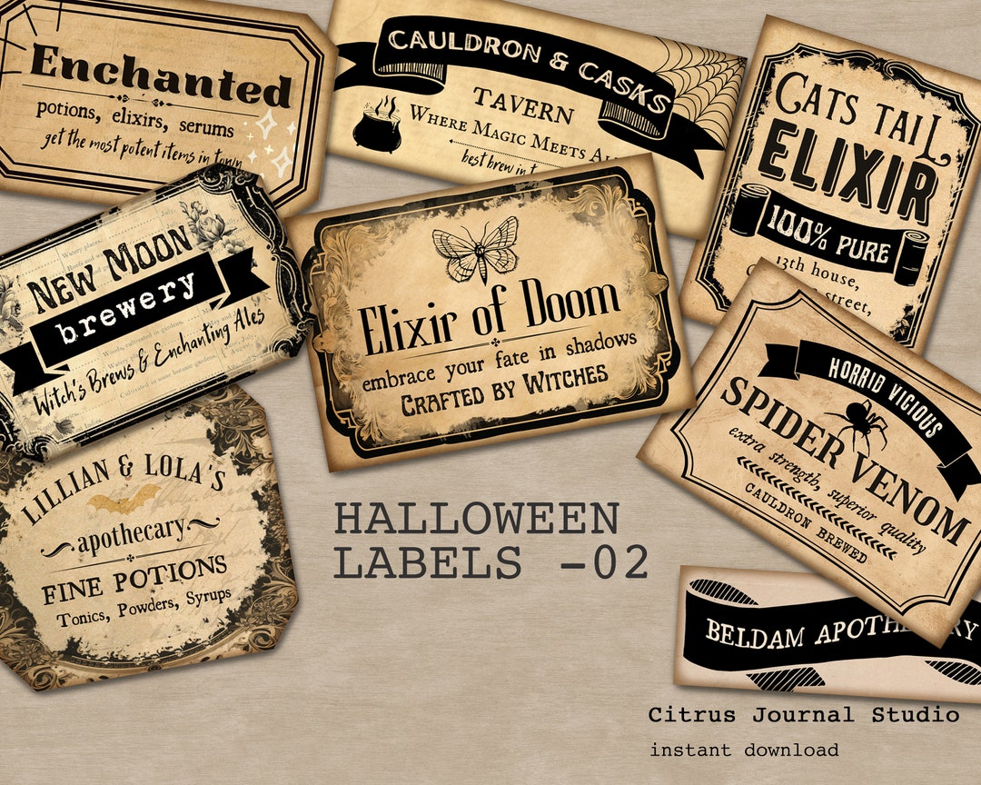 Halloween Labels, Elixir, Halloween Ephemera, Spider Venom, Potion ...