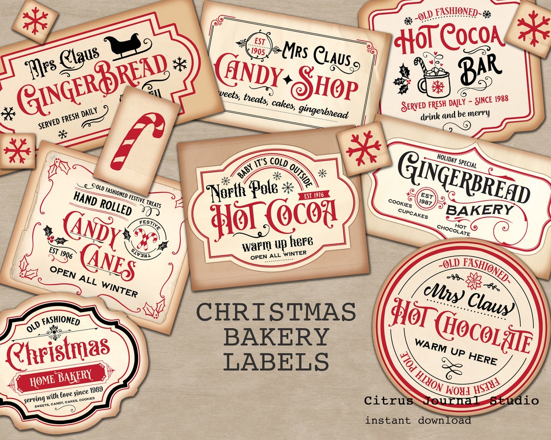 Christmas Bakery Labels, Hot Cocoa Sign, Gingerbread Sticker, Holiday ...