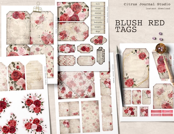 Red Rose Journal Pocket Tag Junk Journal Kit Printable | Etsy