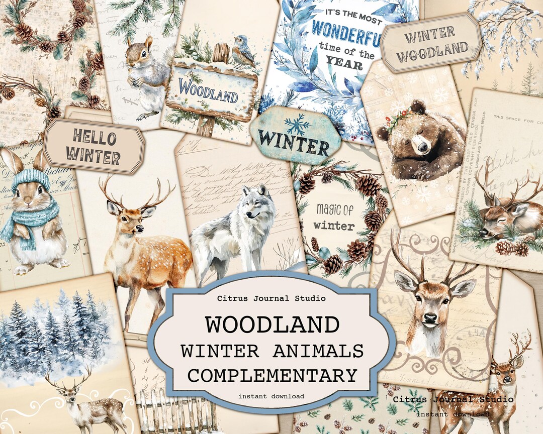 Winter Woodland Kit, Winter Tags, Woodland Animals Ephemera, Woodland ...