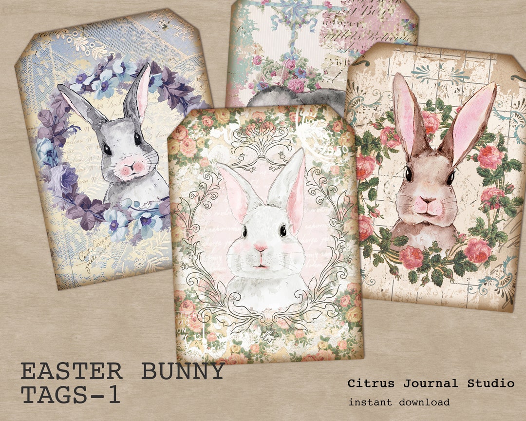 Easter Tags, Bunny Labels, Rabbit Tags, Vintage Tag, Junk Journal Tags ...