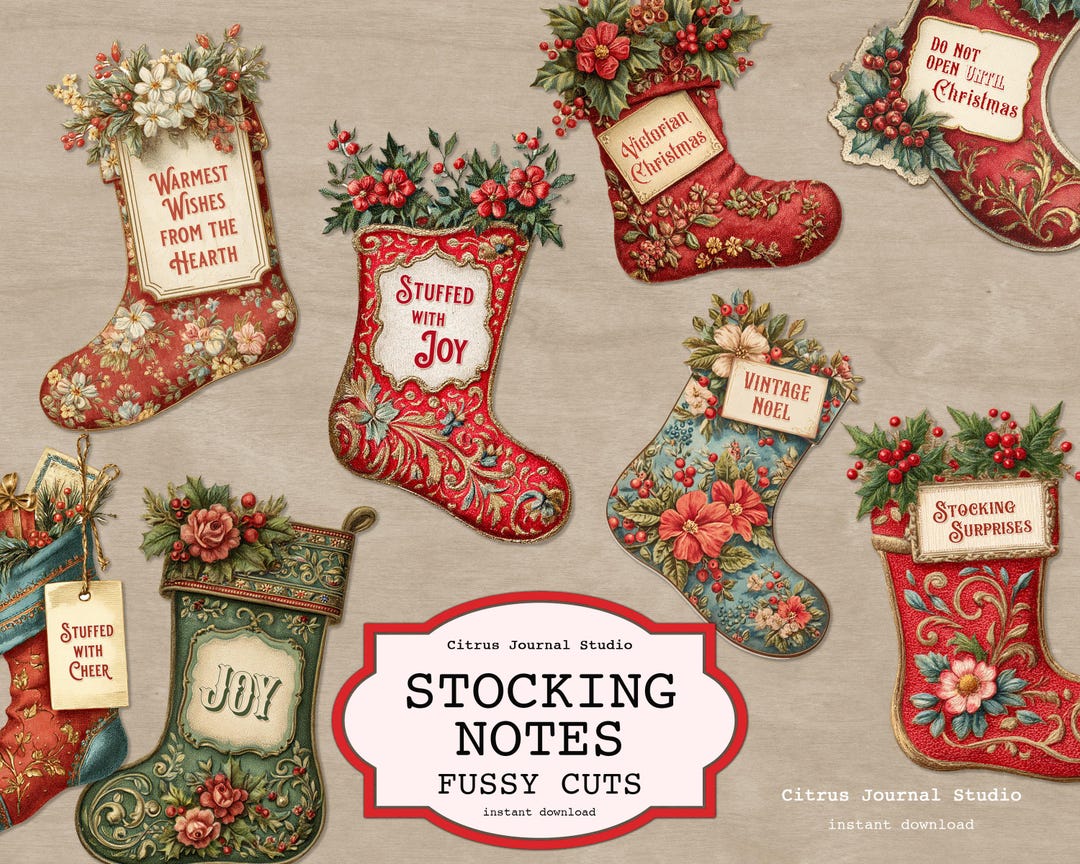 Christmas Stockings Fussy Cuts, Vintage Holiday Ephemera, Red Stocking ...