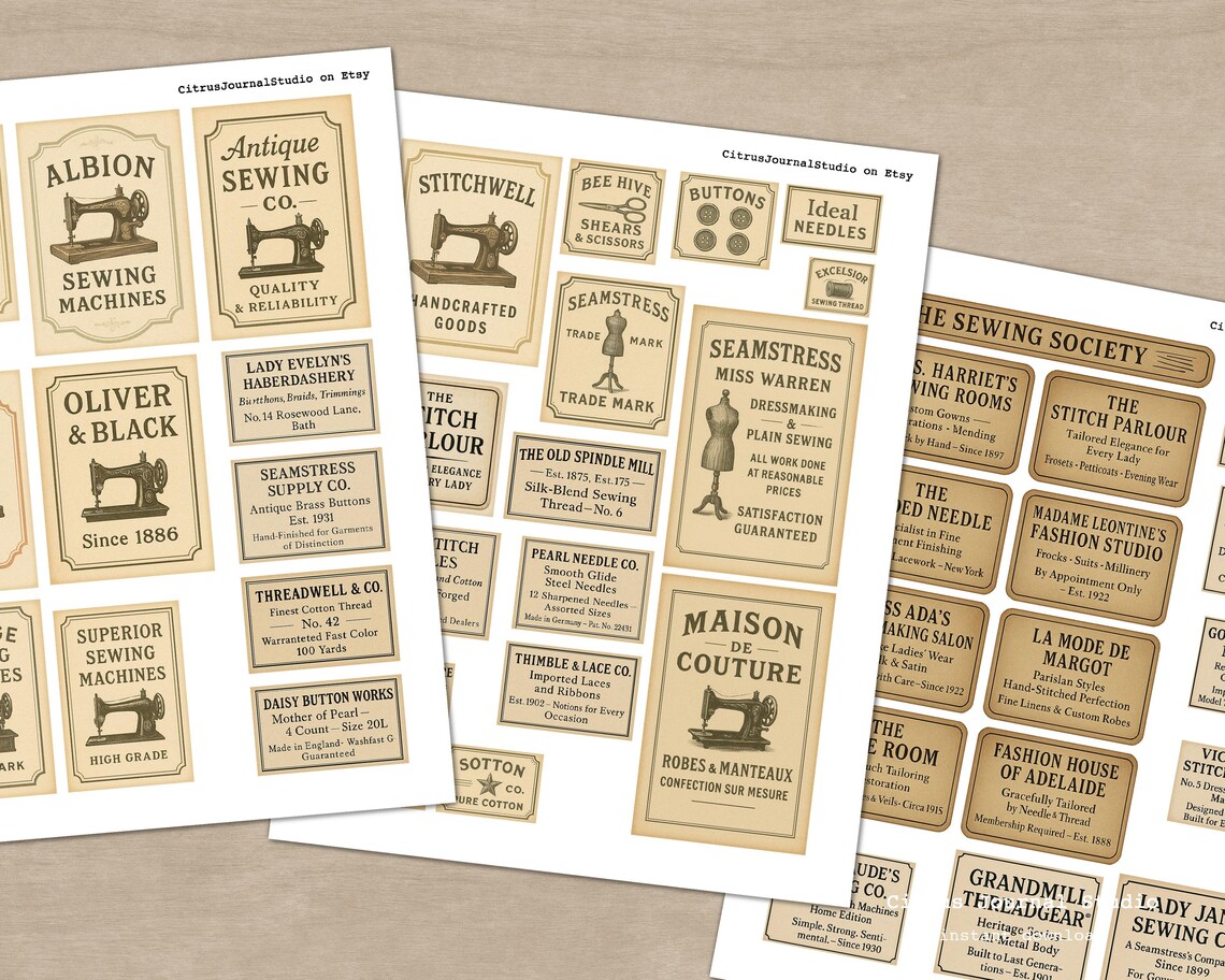 Vintage Sewing Ephemera Printable – Sewing Machine Labels & Seamstress ...