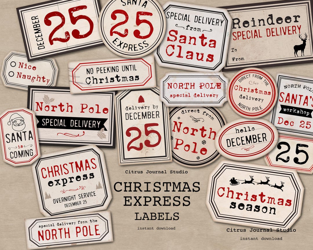 December Labels, December 25, Reindeer Labels, Vintage Christmas ...
