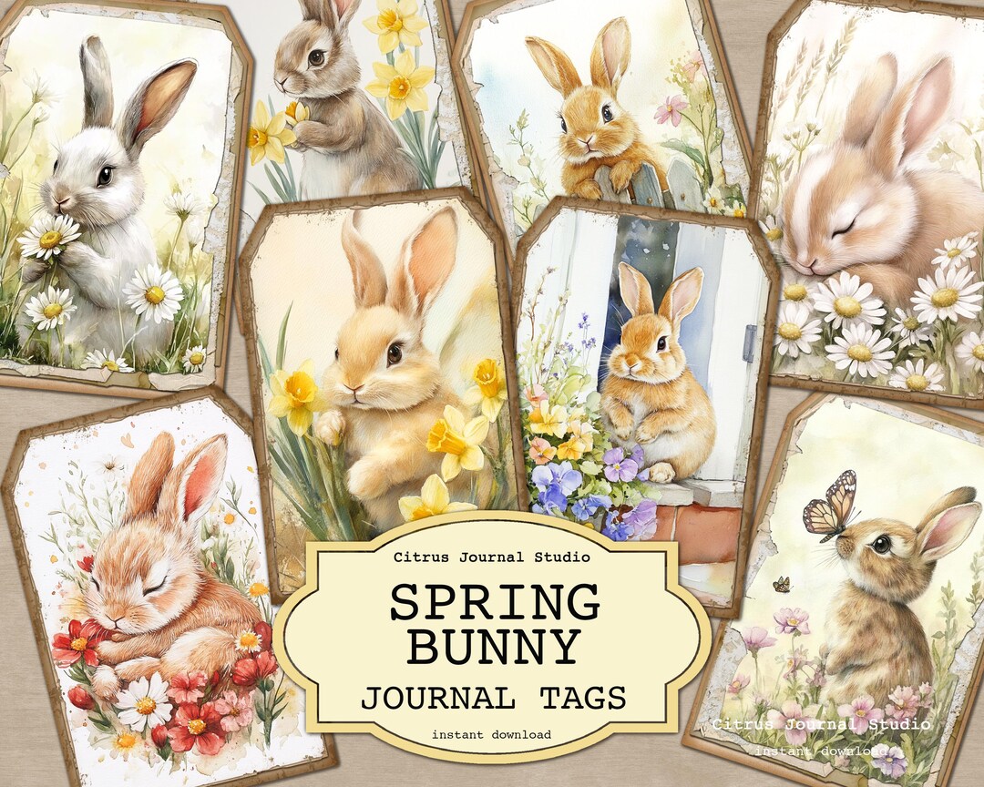 Cute Bunny Tags, Spring Bunny Tags, Daisy Junk Journal Tags, Easter ...